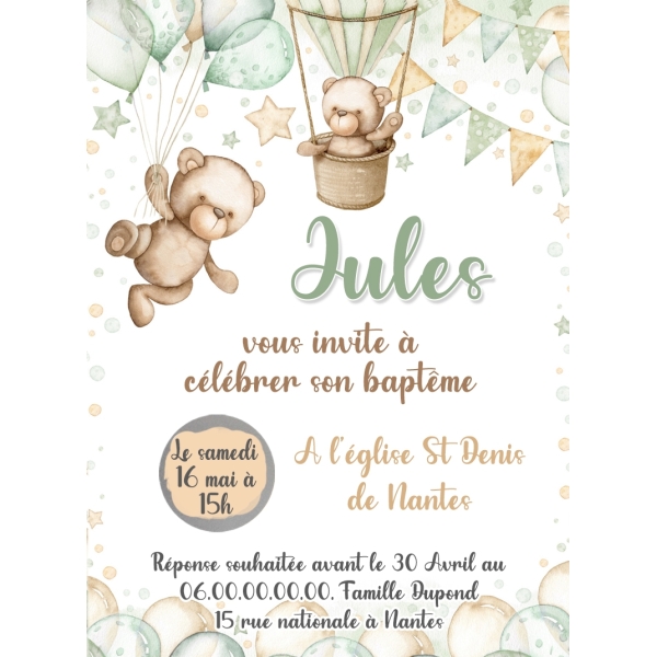 Carte d'invitation baptême ou anniversaire à gratter - ourson