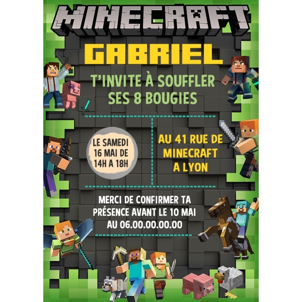 Carte d'invitation baptême ou anniversaire à gratter - Minecraft