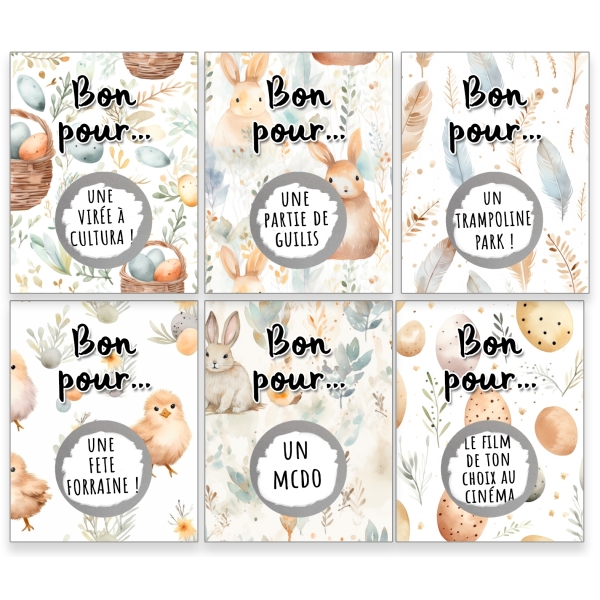 6 cartes à gratter "Bon pour" pour pâques