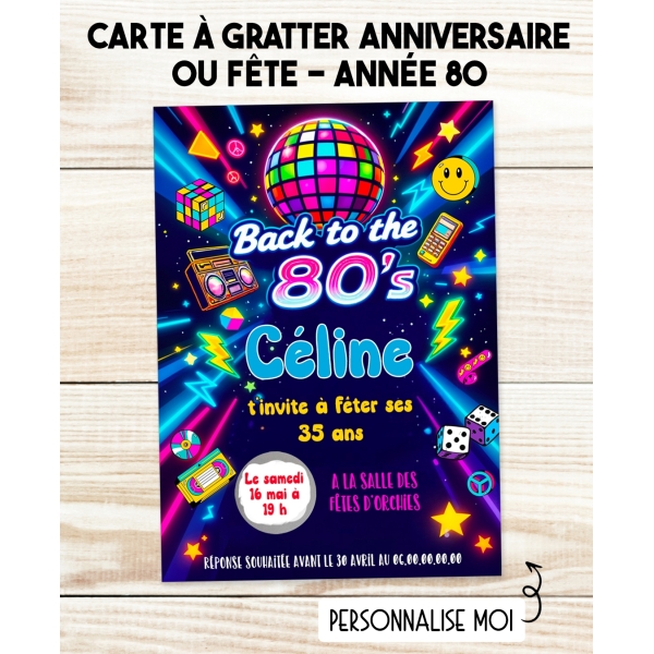 Carte d’invitation à gratter Années 80 pour anniversaire ou fête ...
